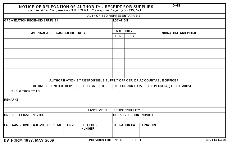 DA Form 1687 For Notice Of Delegation Of Authority For A Receipt For 